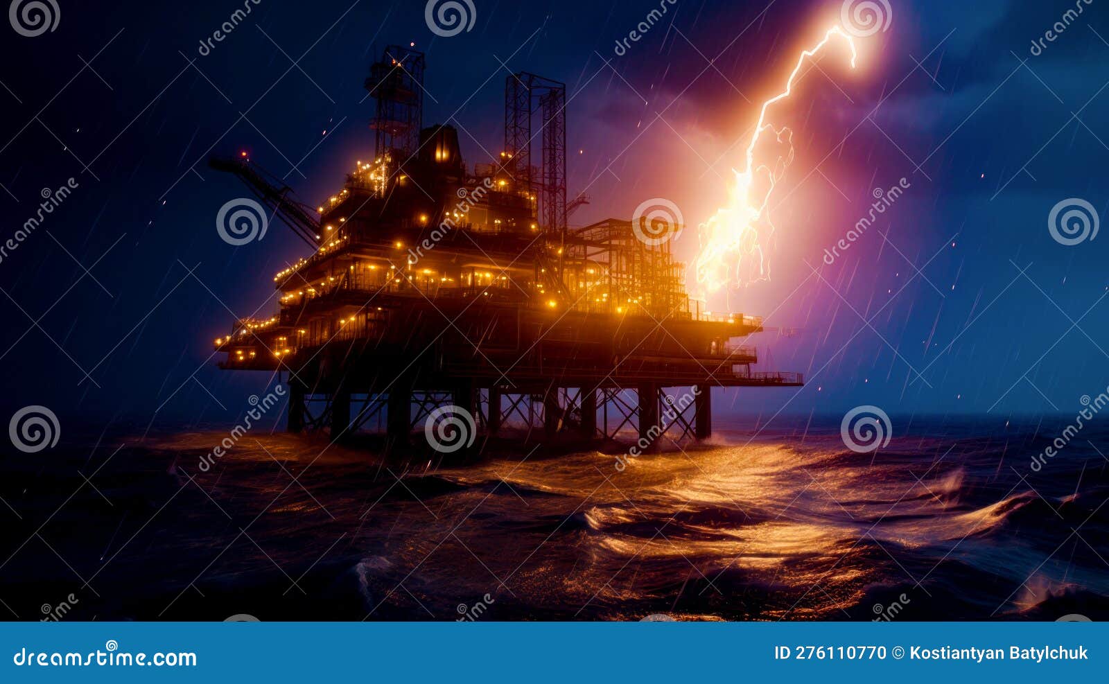 Oil Rig in the Middle of the Ocean with Lightning in the Background ...
