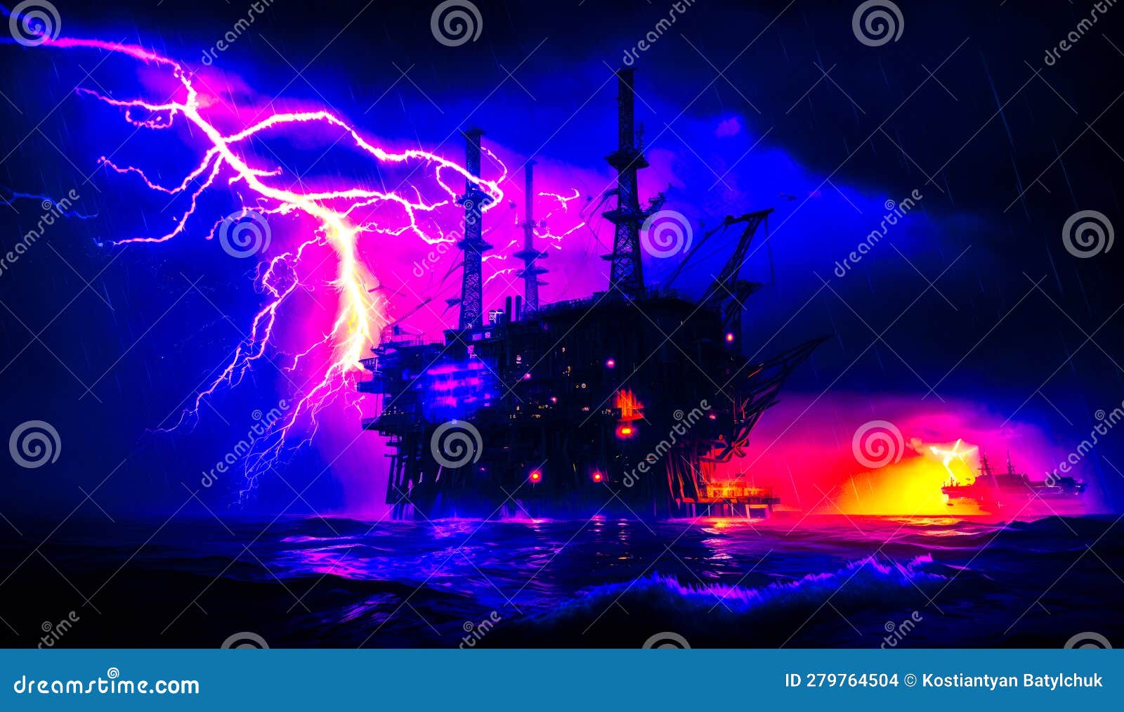 Oil Rig in the Middle of the Ocean with Lightning in the Background ...