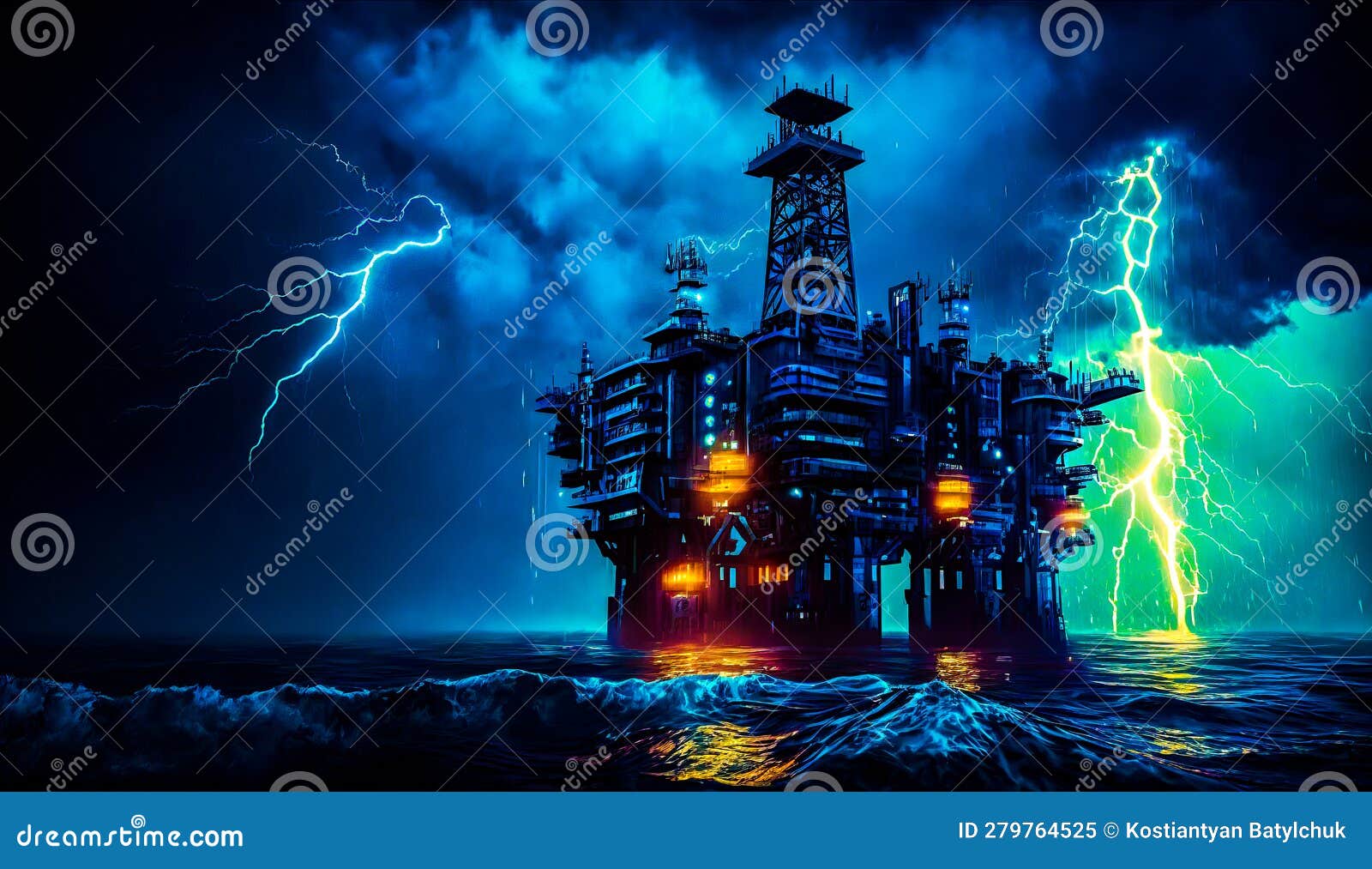 Oil Rig in the Middle of the Ocean with Lightning in the Background ...