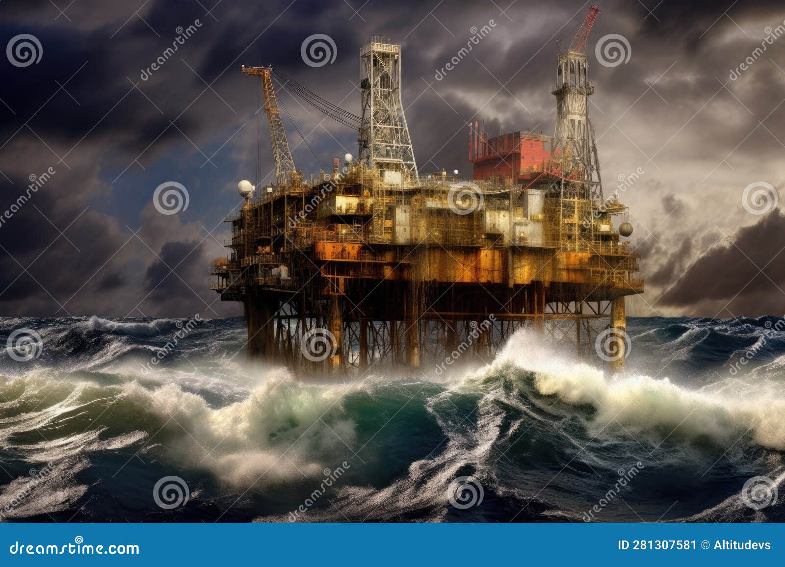 Oil Rig Platform with Dramatic Stormy Ocean Waves Stock Illustration ...