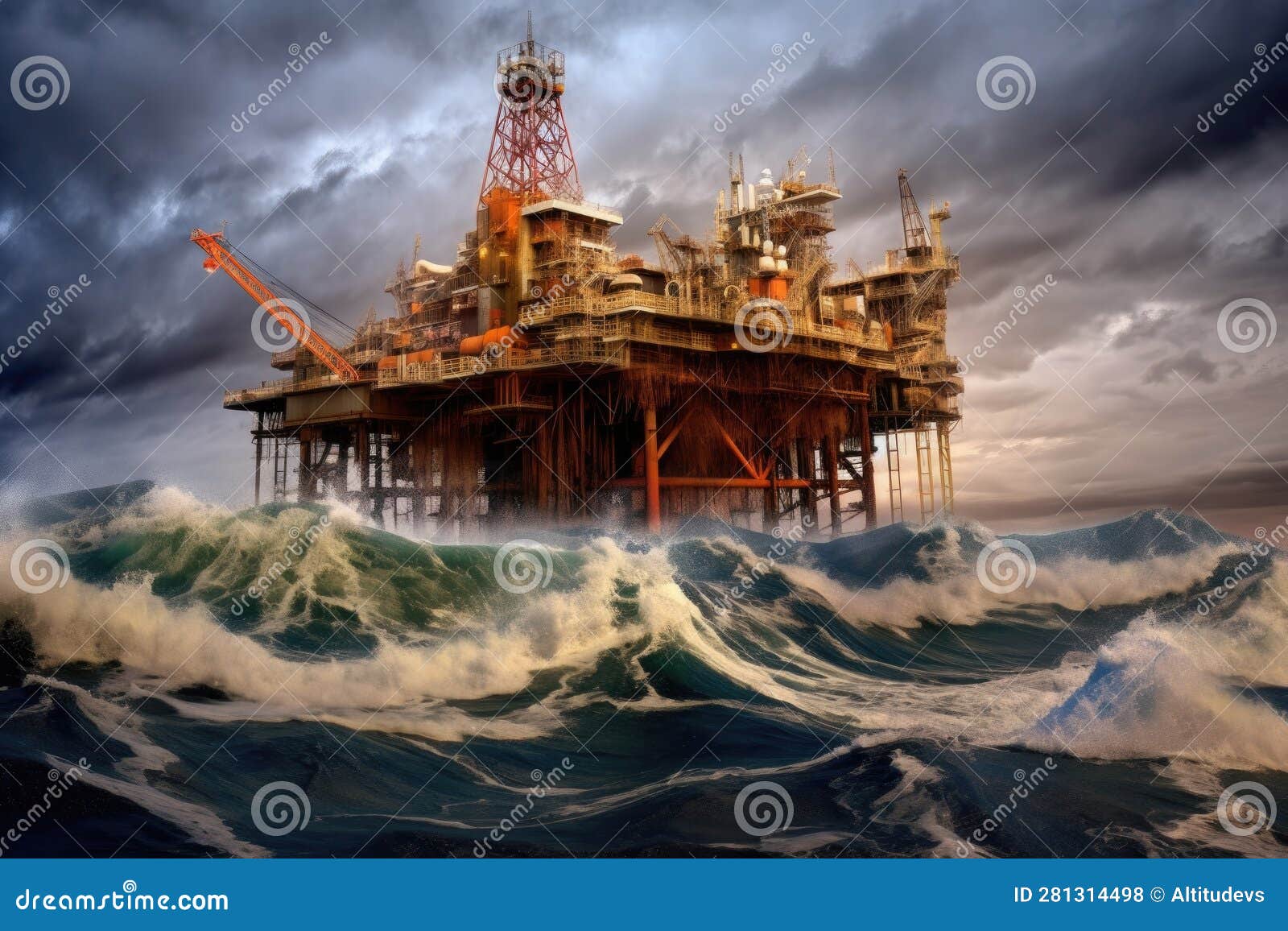 Oil Rig Platform with Dramatic Stormy Ocean Waves Stock Illustration ...