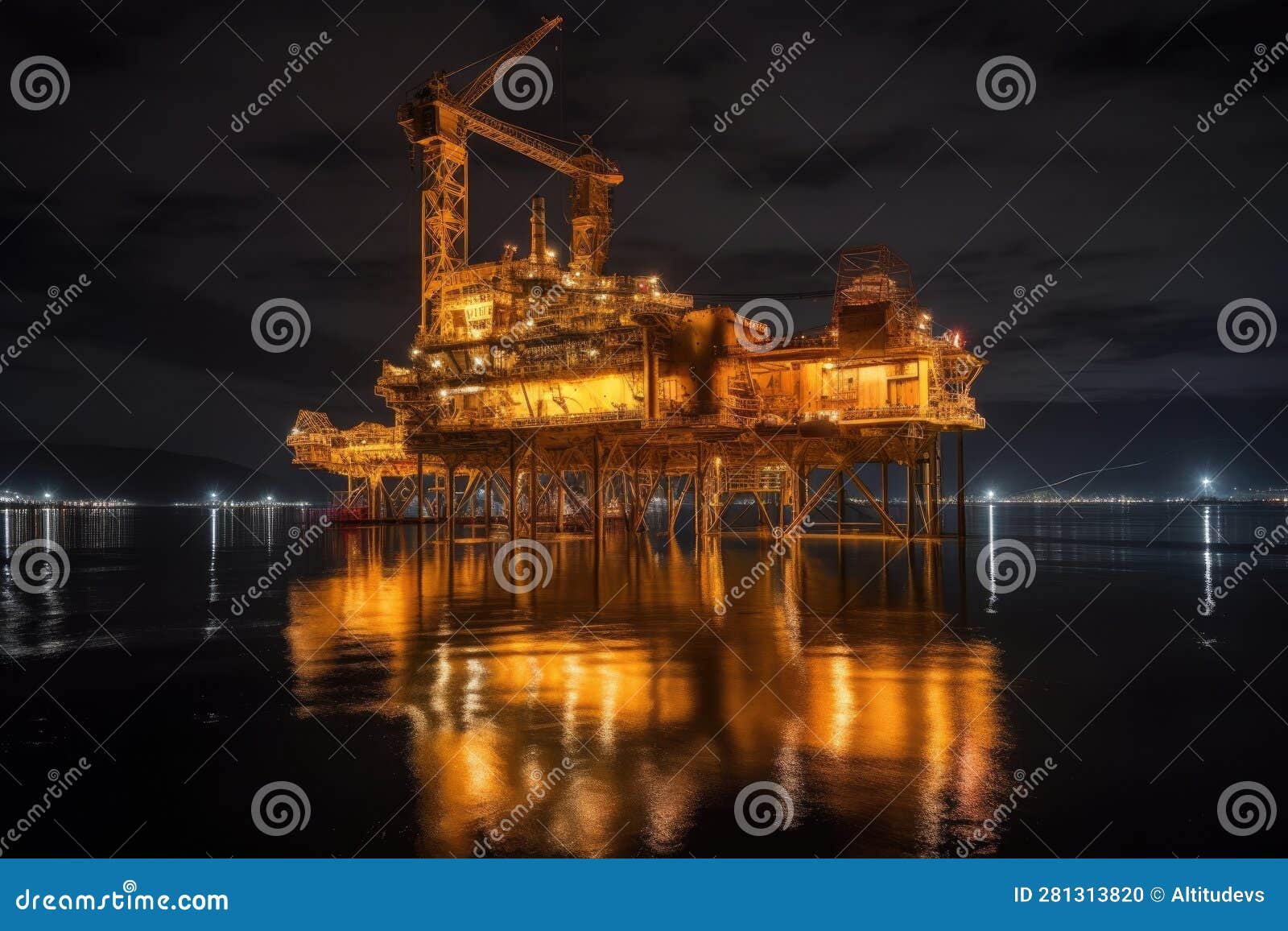 Oil Rig Platform Lit Up at Night in the Ocean Stock Illustration ...