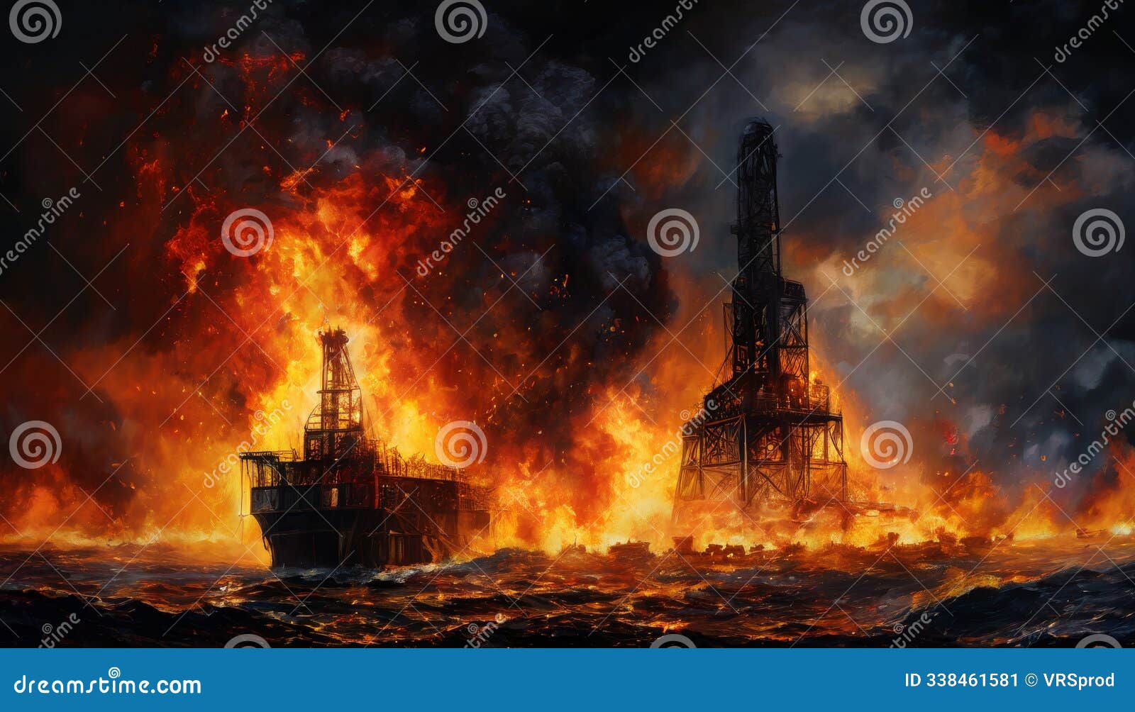 Oil Rig and Ship on Fire in a Dramatic Offshore Explosion Stock Image ...