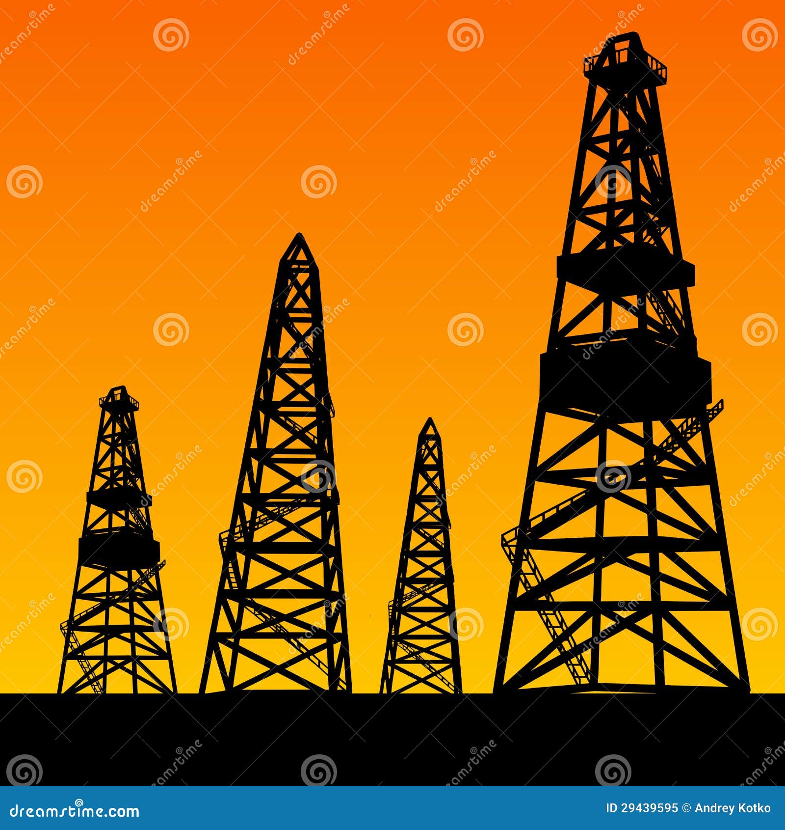 Oil Rig Silhouettes and Orange Sky Stock Illustration - Illustration of ...