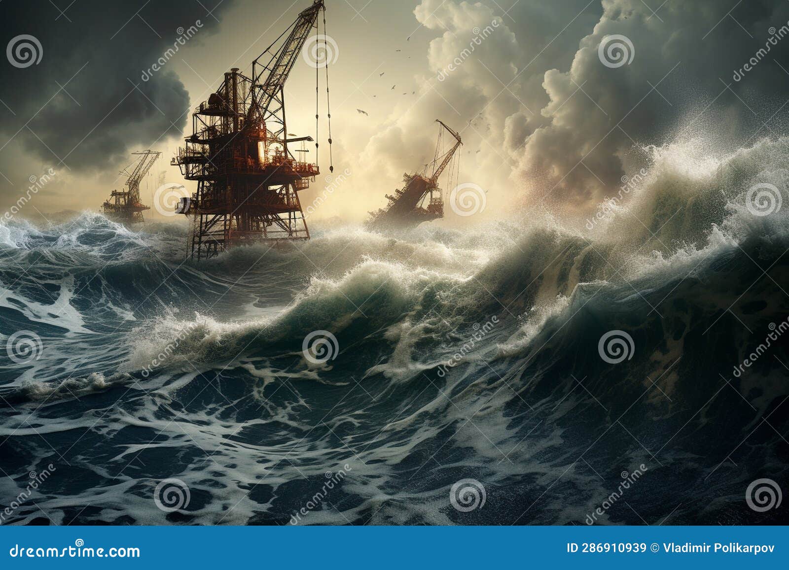 An oil rig during a storm stock illustration. Illustration of platform ...