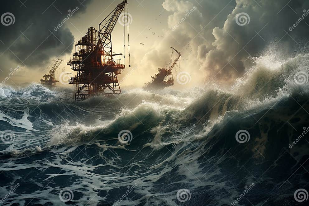 An oil rig during a storm stock illustration. Illustration of platform ...