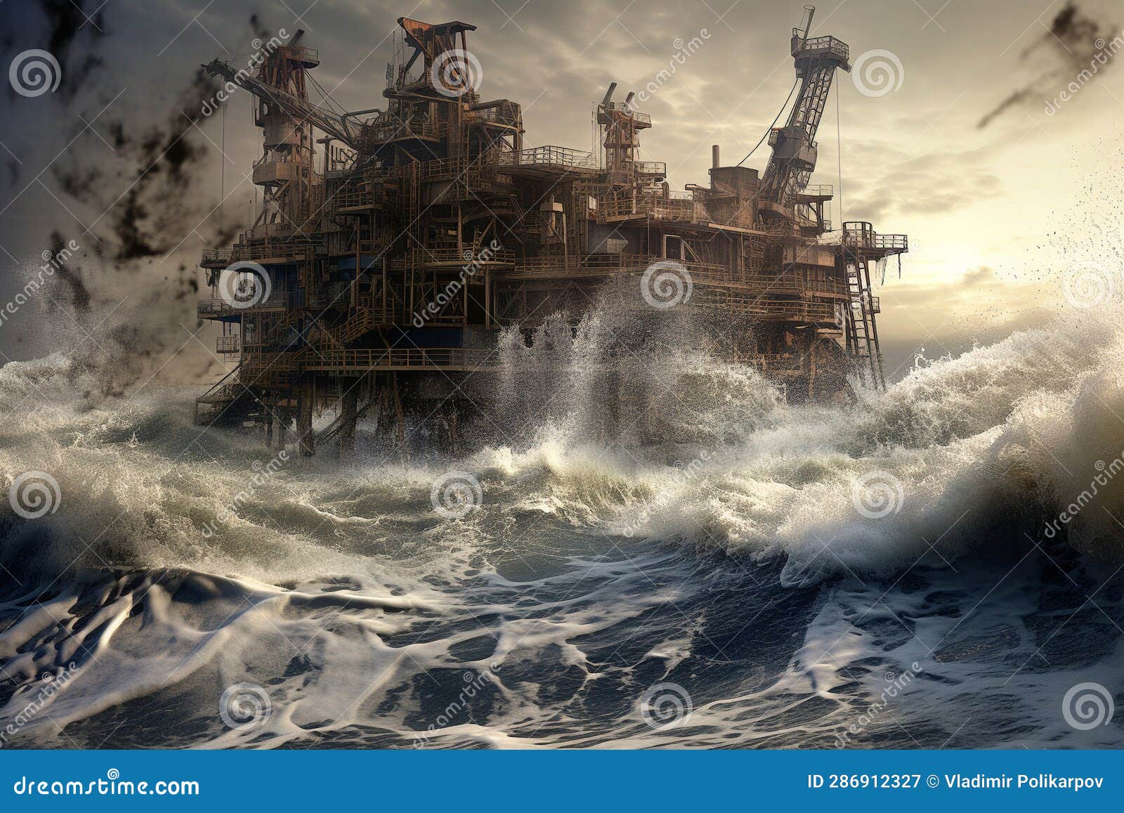 An oil rig during a storm stock illustration. Illustration of crude ...