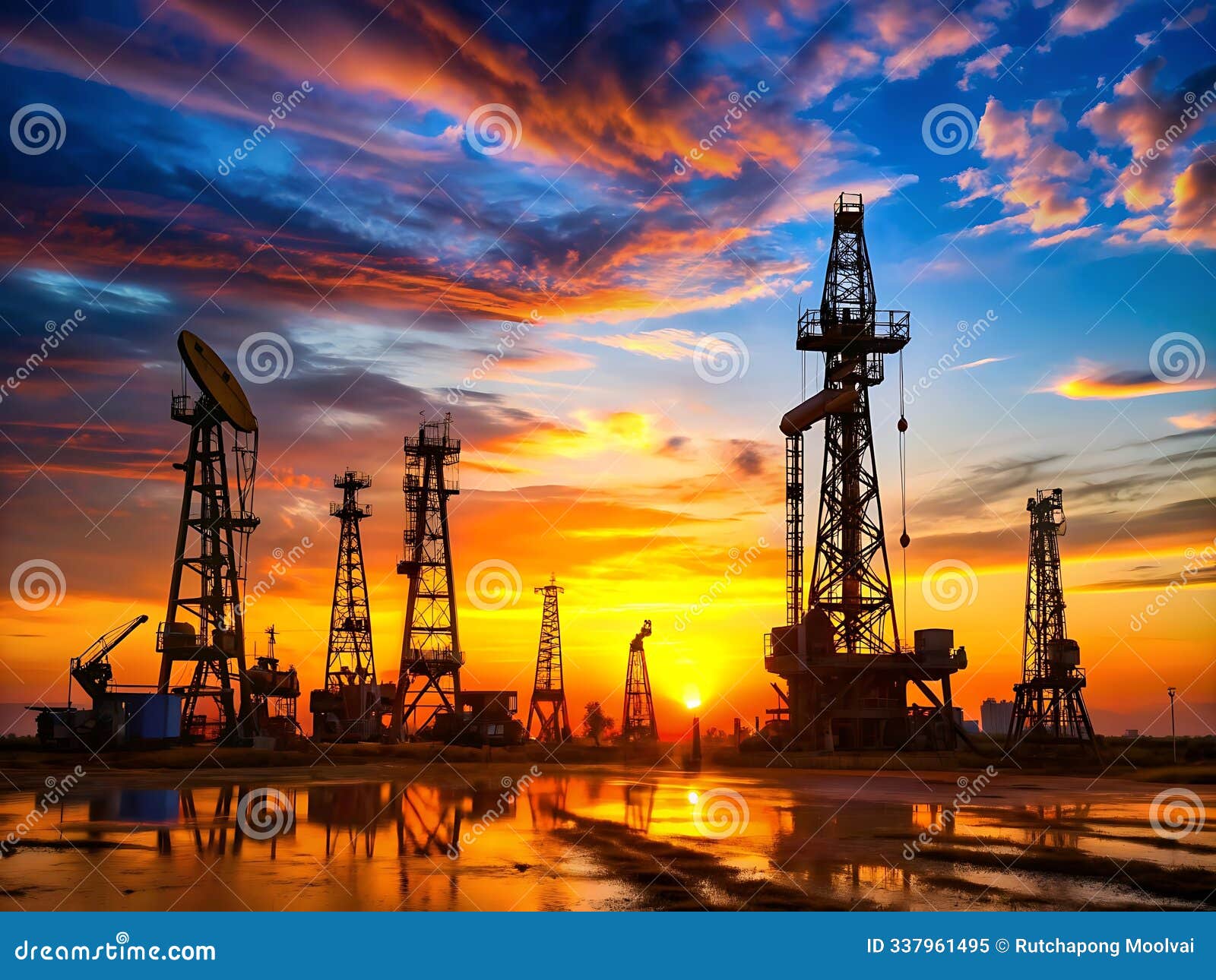 Oil Rigs Silhouetted Against a Dramatic Sunset Stock Illustration ...