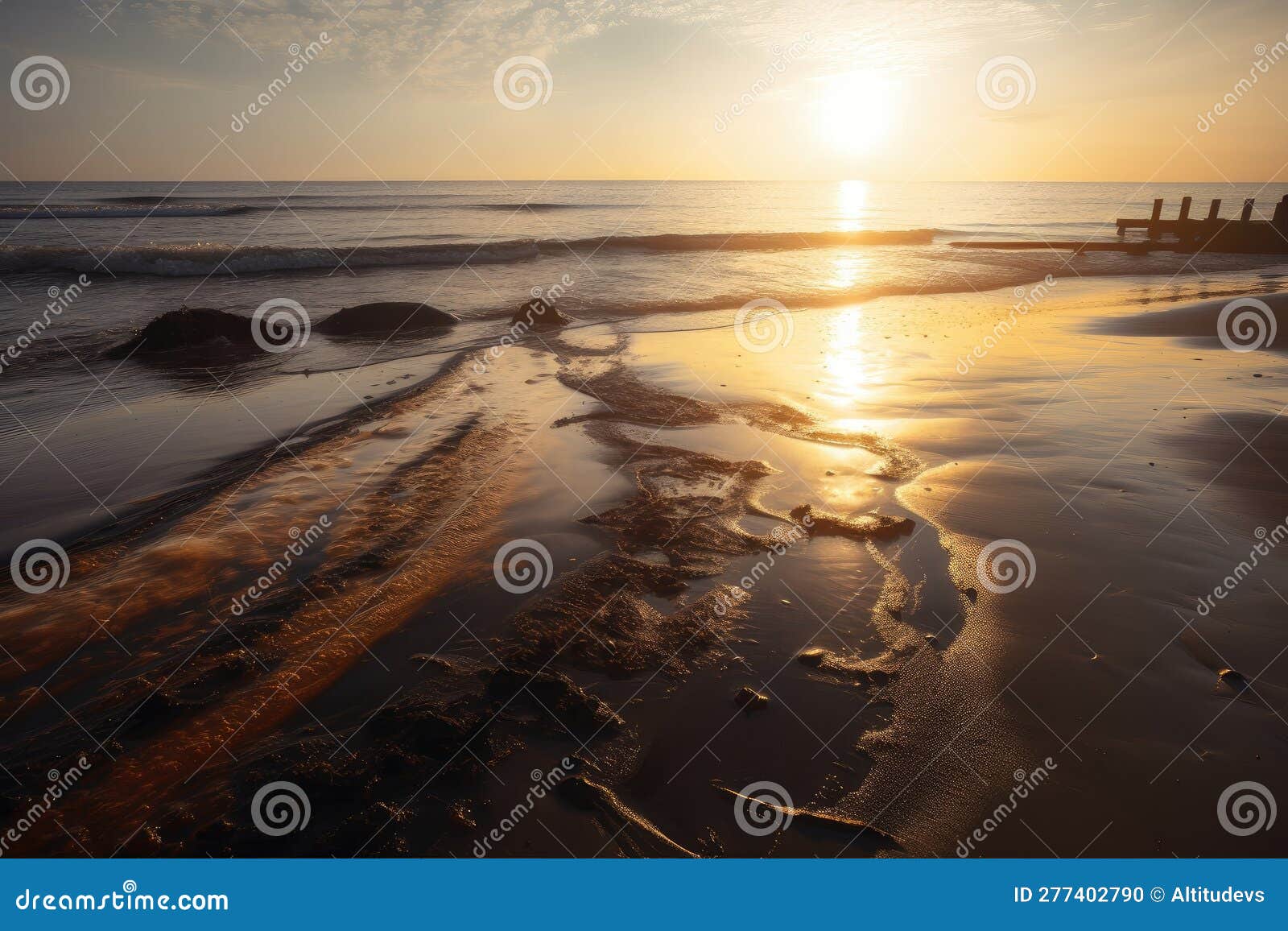 Oil Spill on Beach, with Sun Shining through the Waves Stock ...