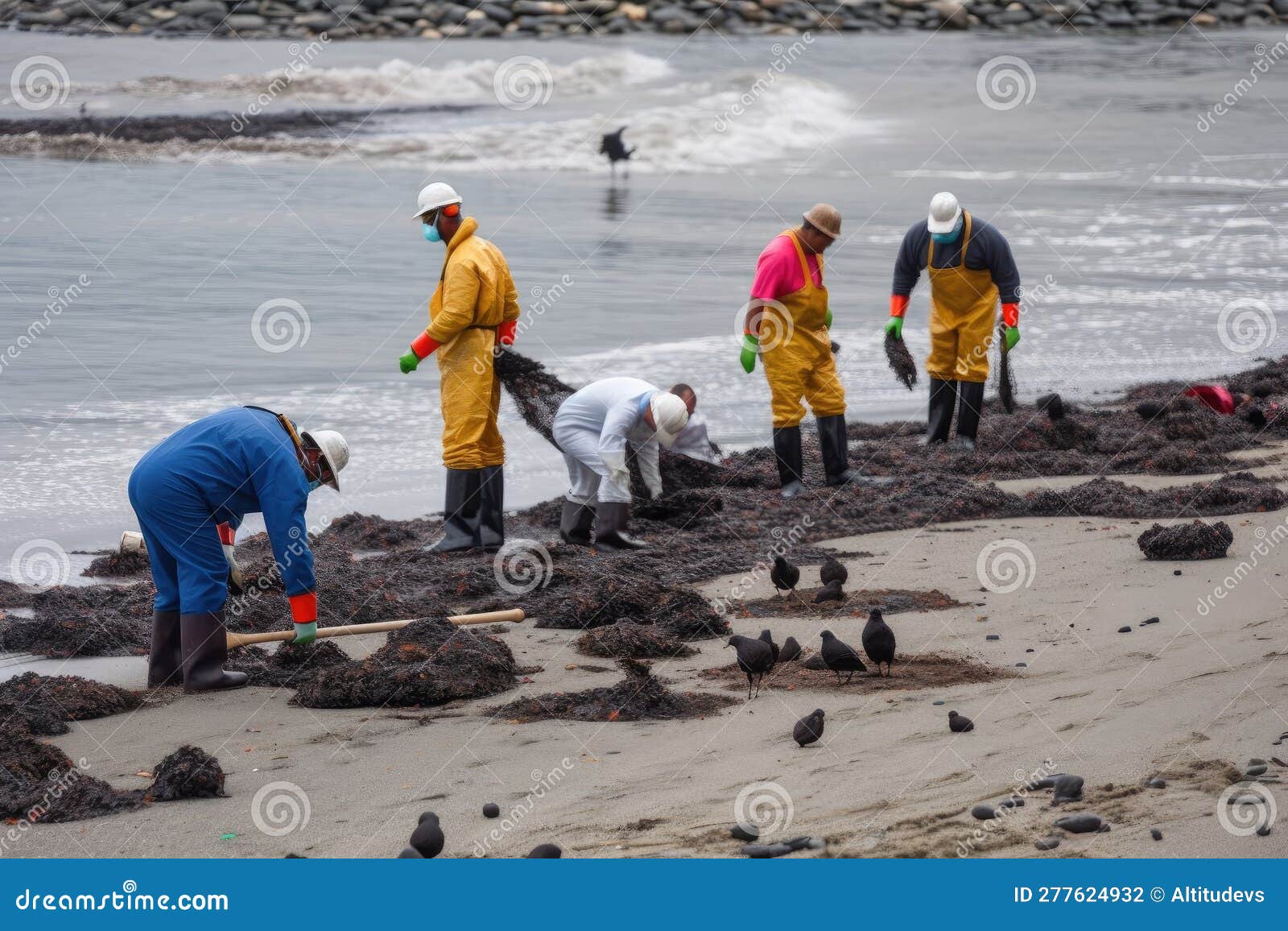 Oil Spill Cleanup Crew On Beach Removing Tar Balls And Other Debris