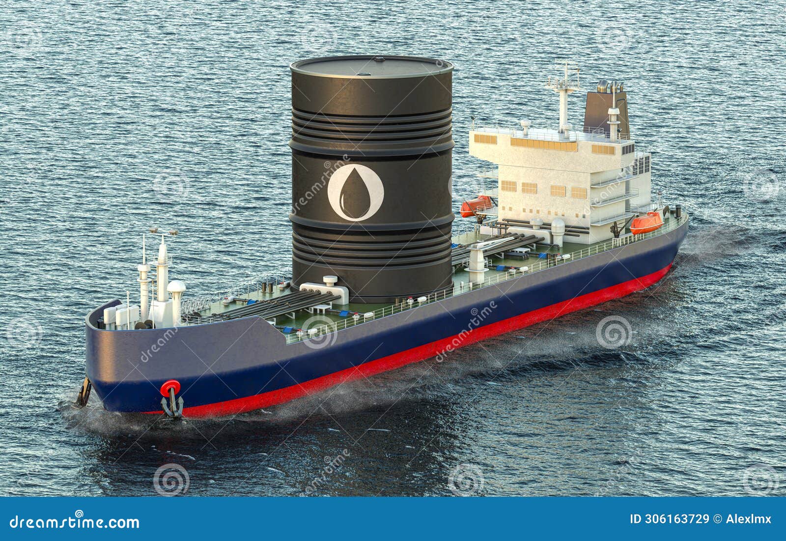 Oil Tanker Sailing in Ocean with Big Oil Barrel, 3D Rendering Stock ...