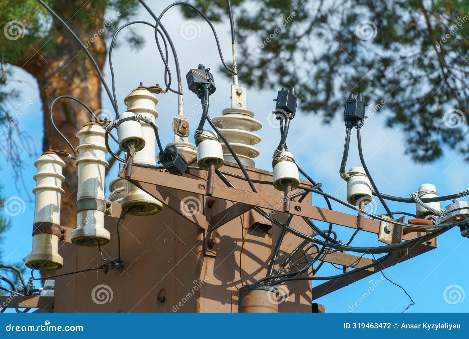 An Oil Transformer and Power Lines in the Forest. the Support of an ...