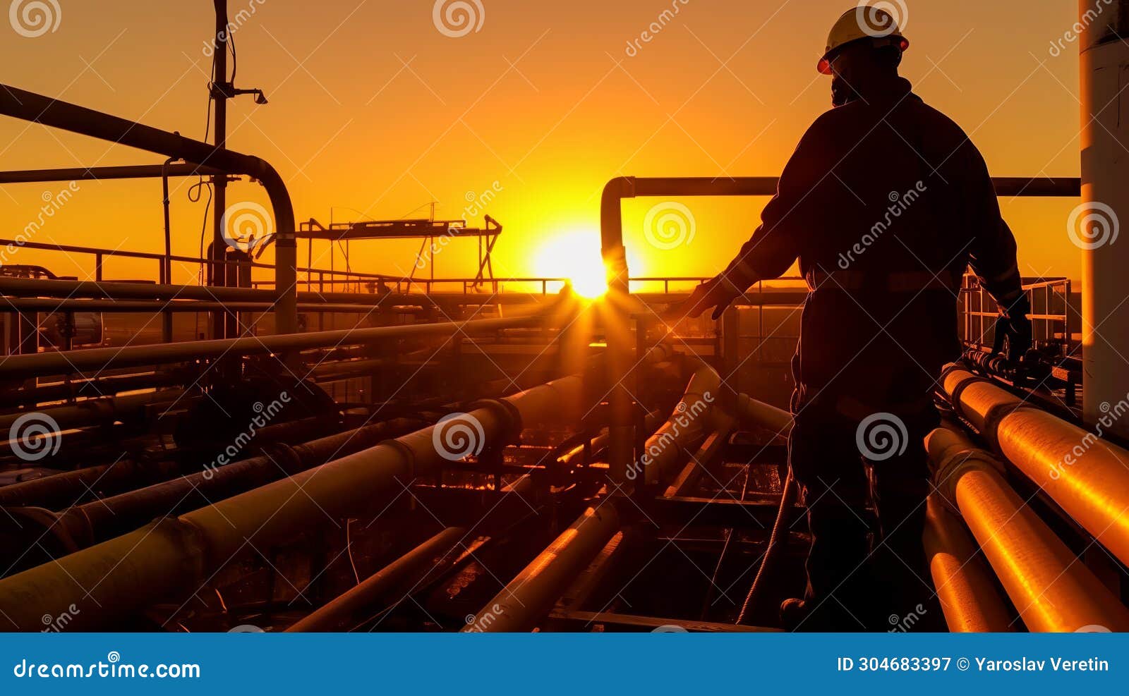 Oil Worker is Checking the Oil Pump on the Sunset Background Stock ...