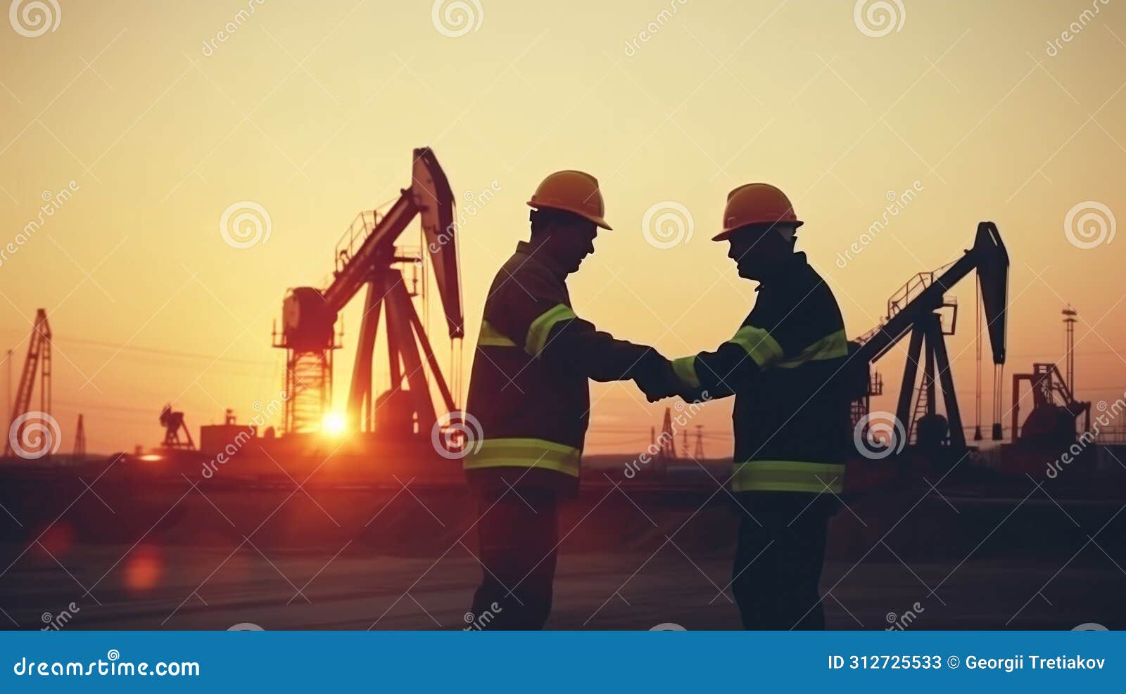 Oil Workers Handshaking in Front of Pump Jack Stock Illustration ...