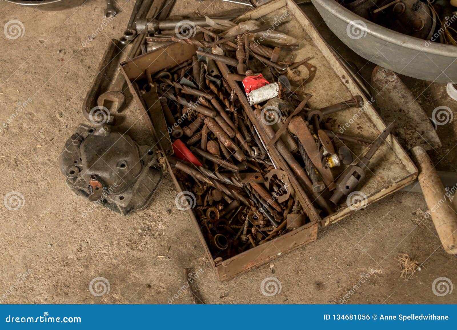 Oily Tools with Big Wrench/ Spanner - Old Rusty Toolbox on the Ground ...