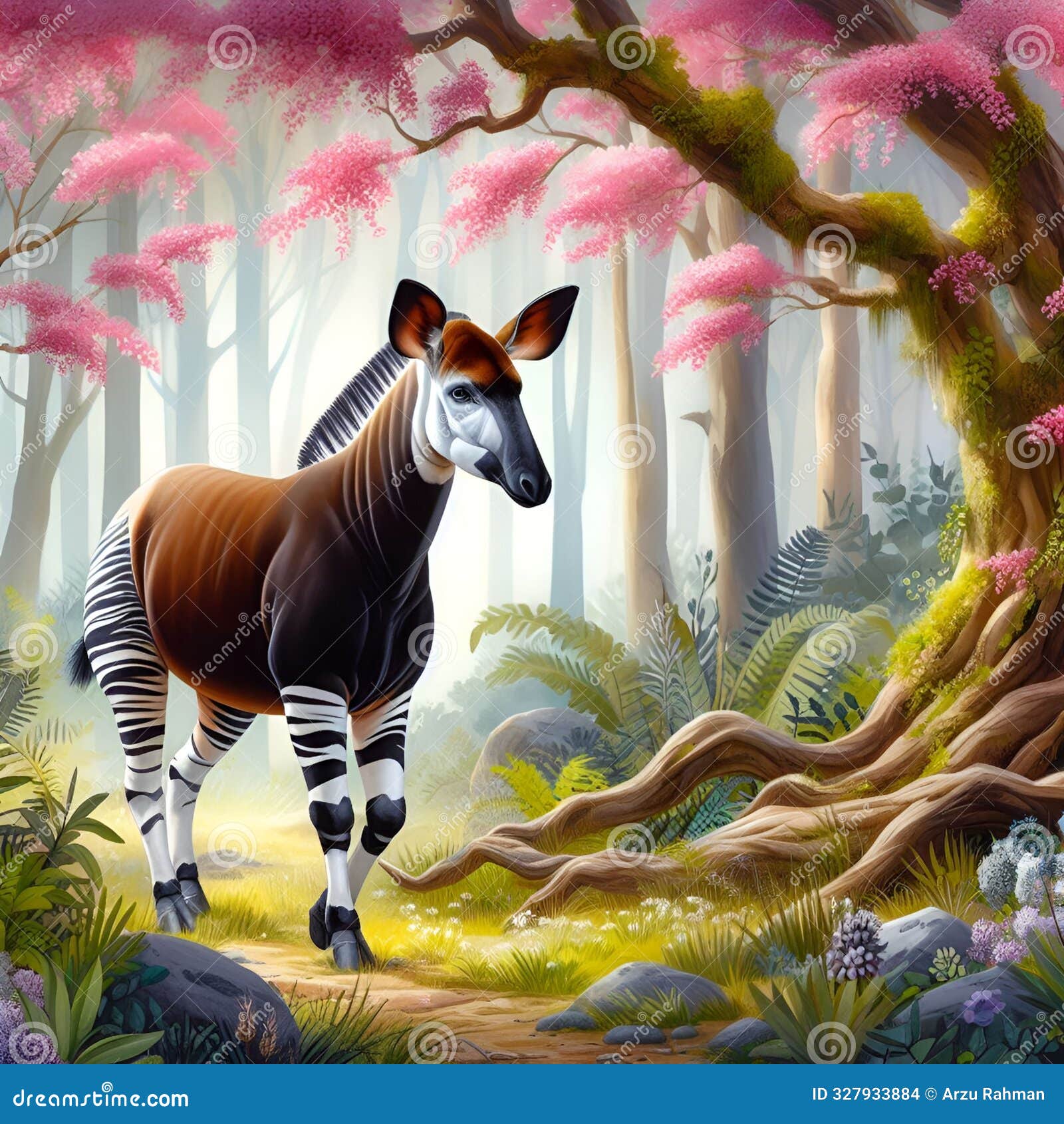 A Okapi Walking through a Forest with Blooming Trees. Stock ...