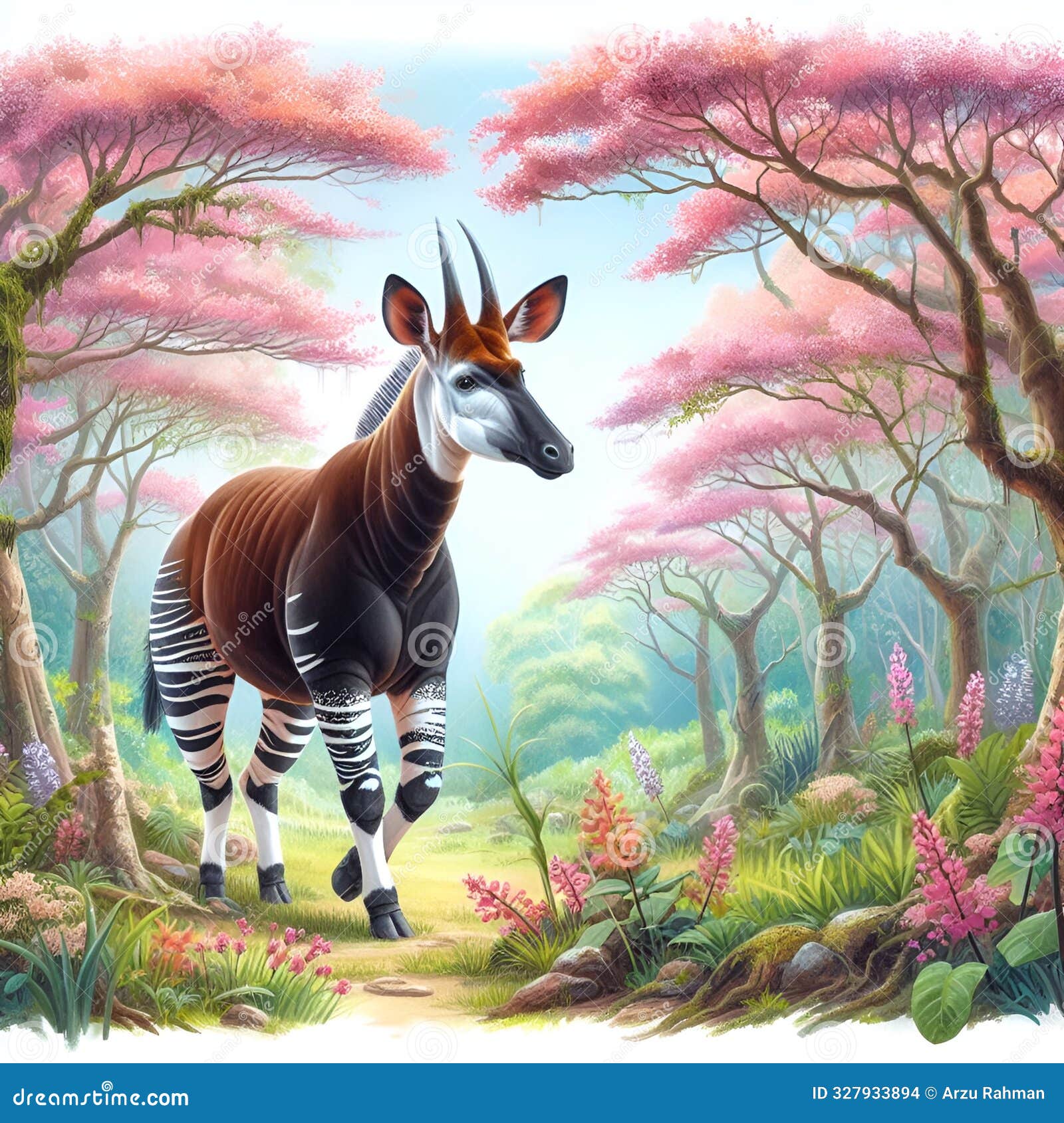 A Okapi Walking through a Forest with Blooming Trees. Stock ...