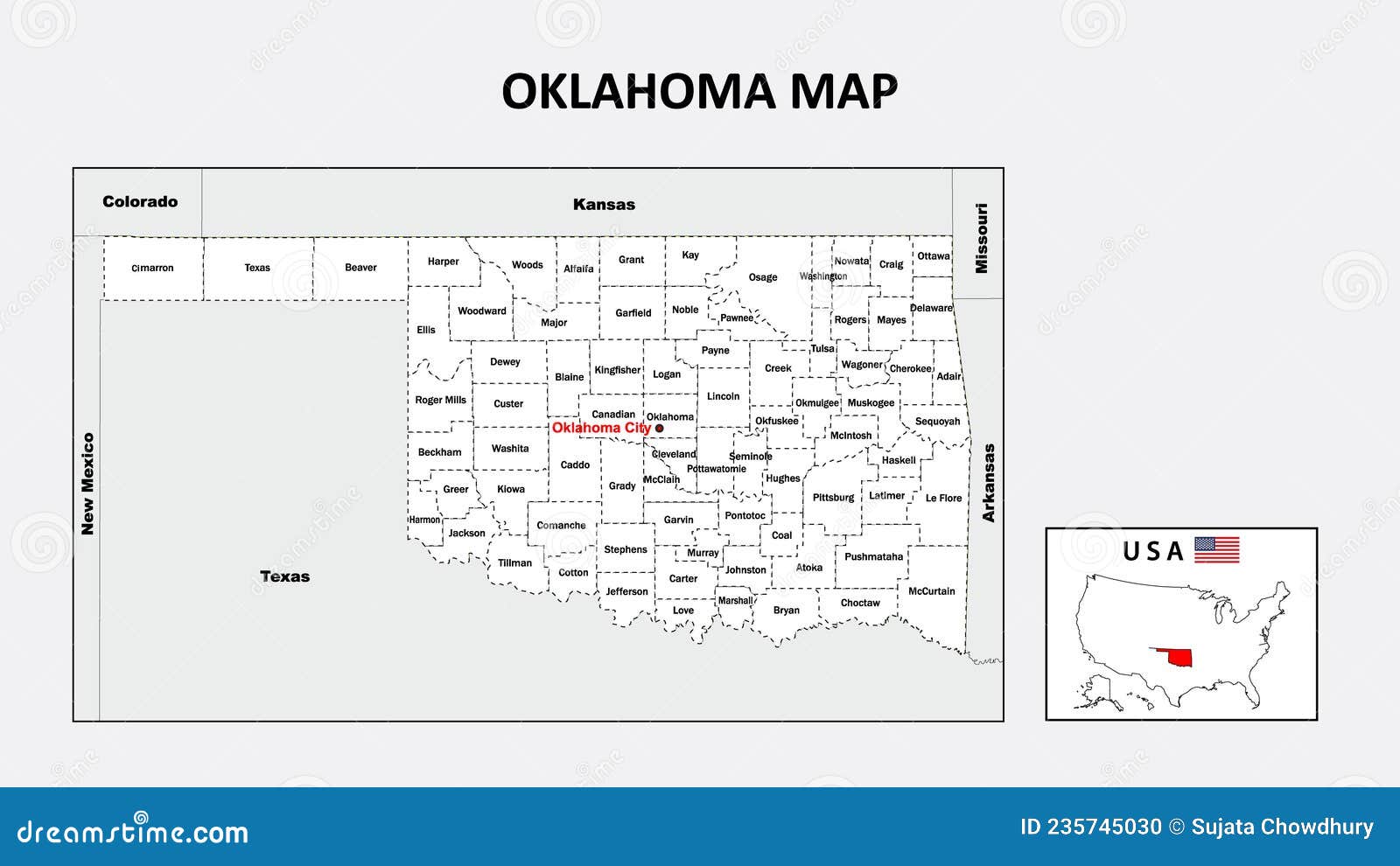 Oklahoma Map. Political Map of Oklahoma with Boundaries in White Color ...