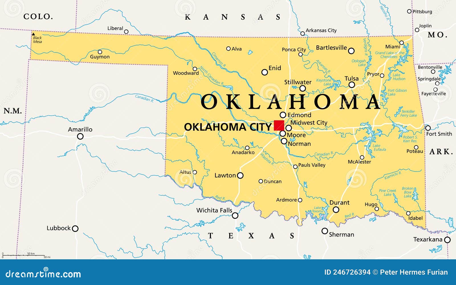 Oklahoma, OK, Political Map, US State, Nicknamed Native America Stock ...