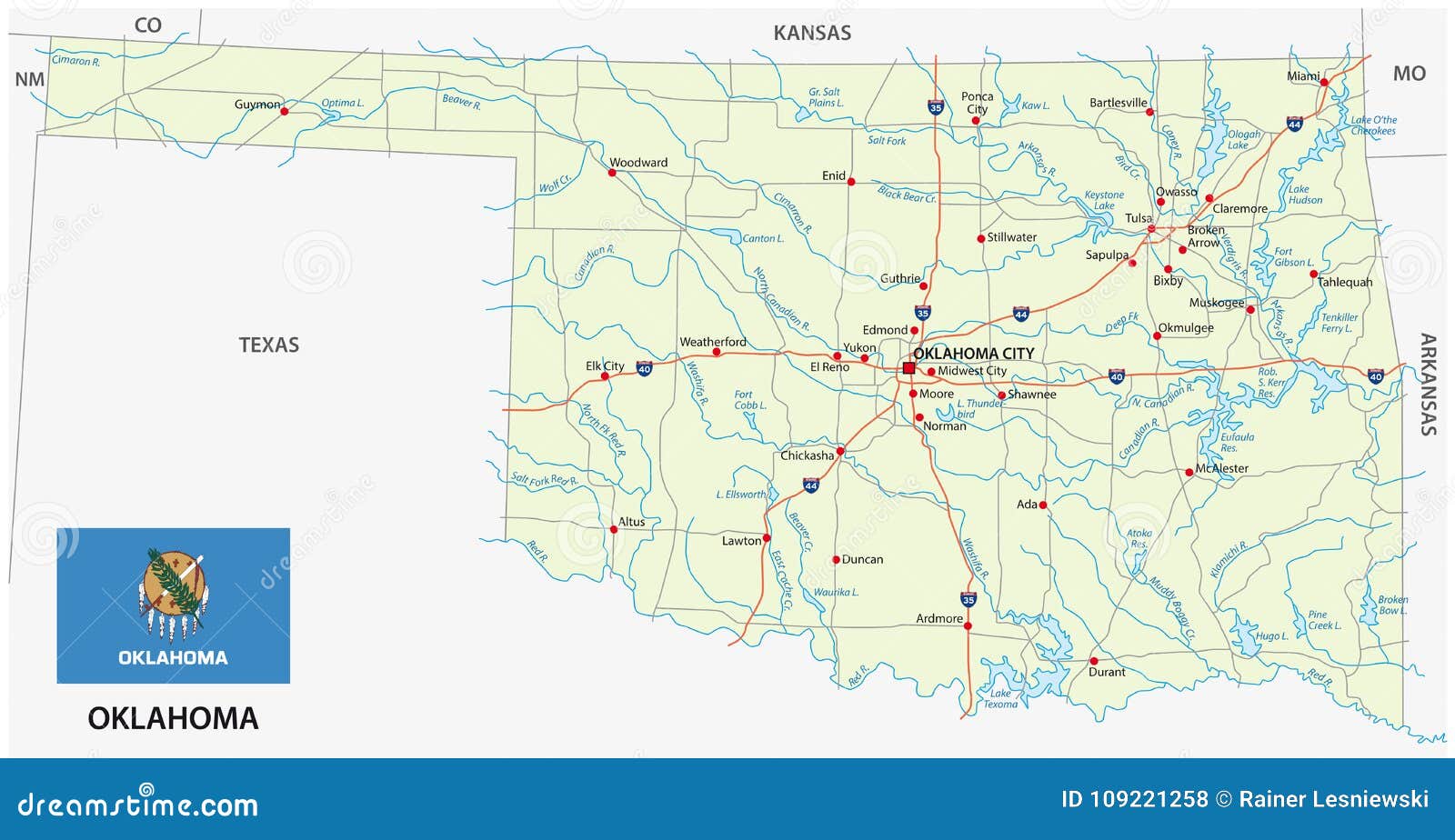 Oklahoma Road Vector Map with Flag Stock Vector - Illustration of ...