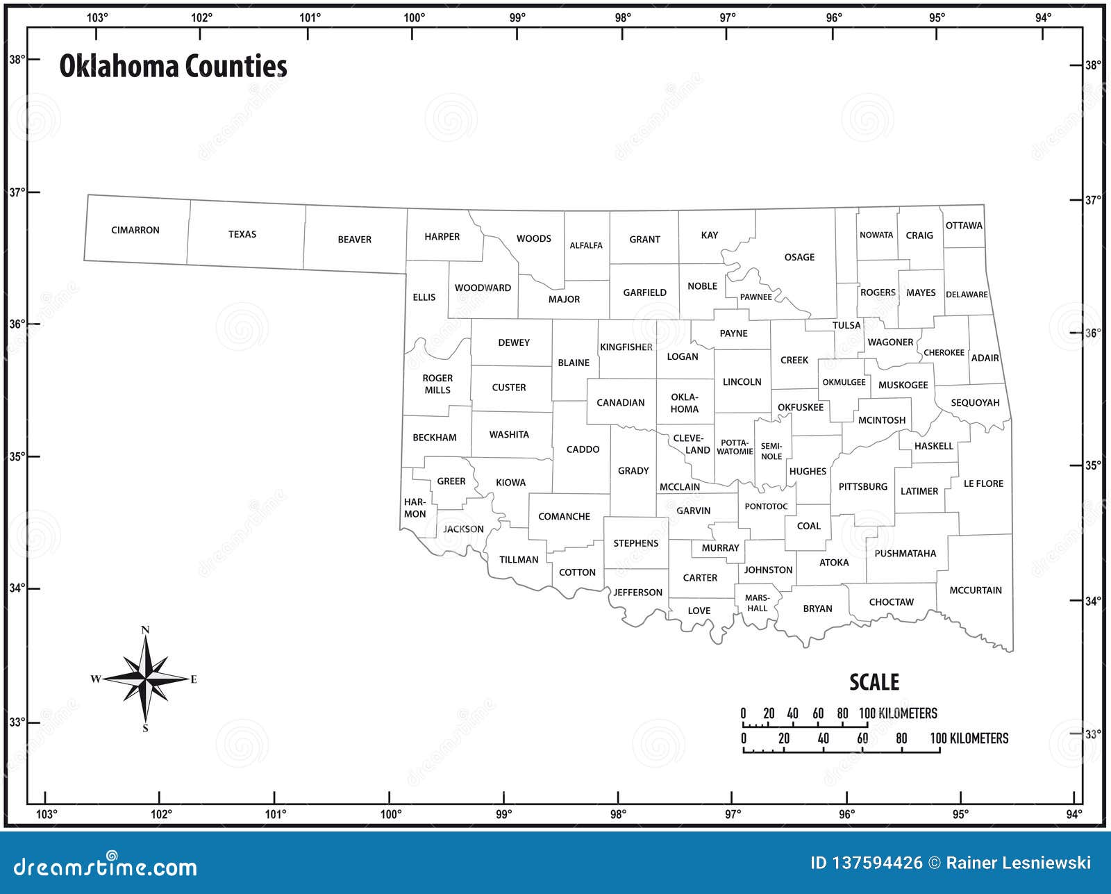 Oklahoma State Outline Administrative and Political Vector Map in Black ...