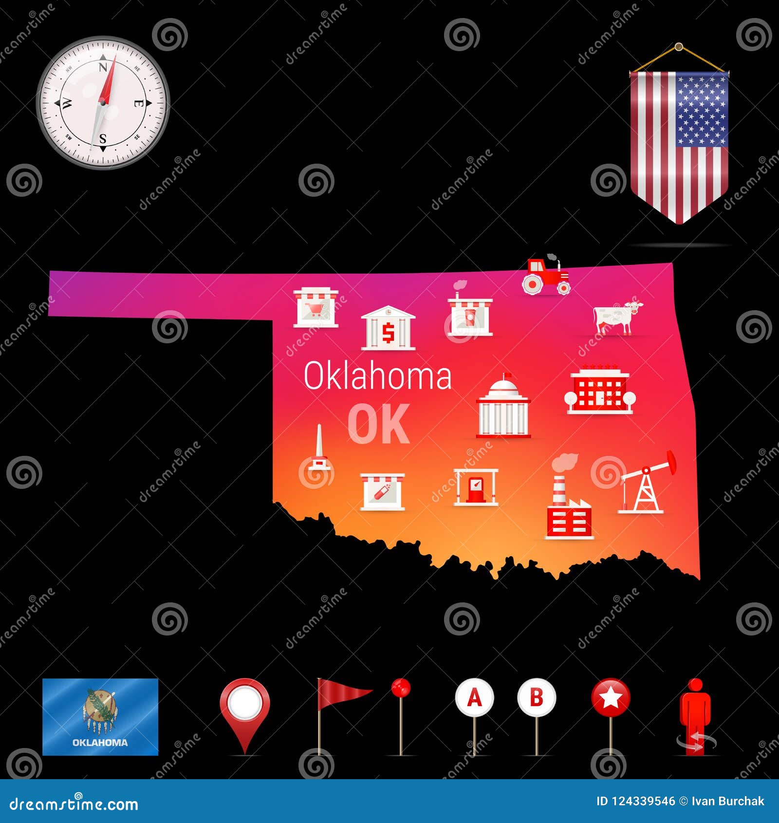 Oklahoma Vector Map, Night View. Compass Icon, Map Navigation Elements ...