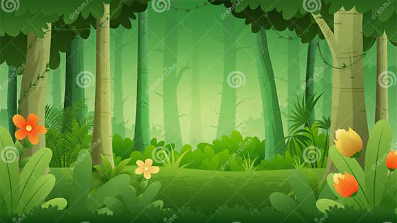 Summer Deep Forest Cartoon Landscape with Trees,bush and Flowers ...