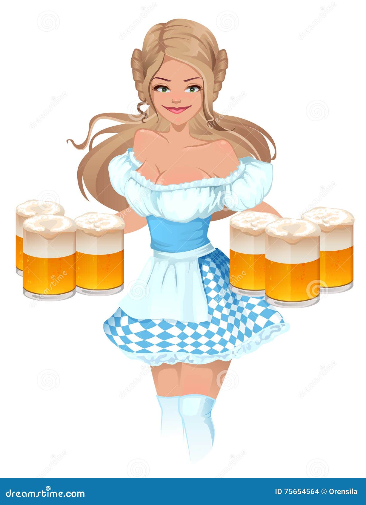 Oktoberfest Beer Festival German Girl Waitress Holding Mugs Of Beer