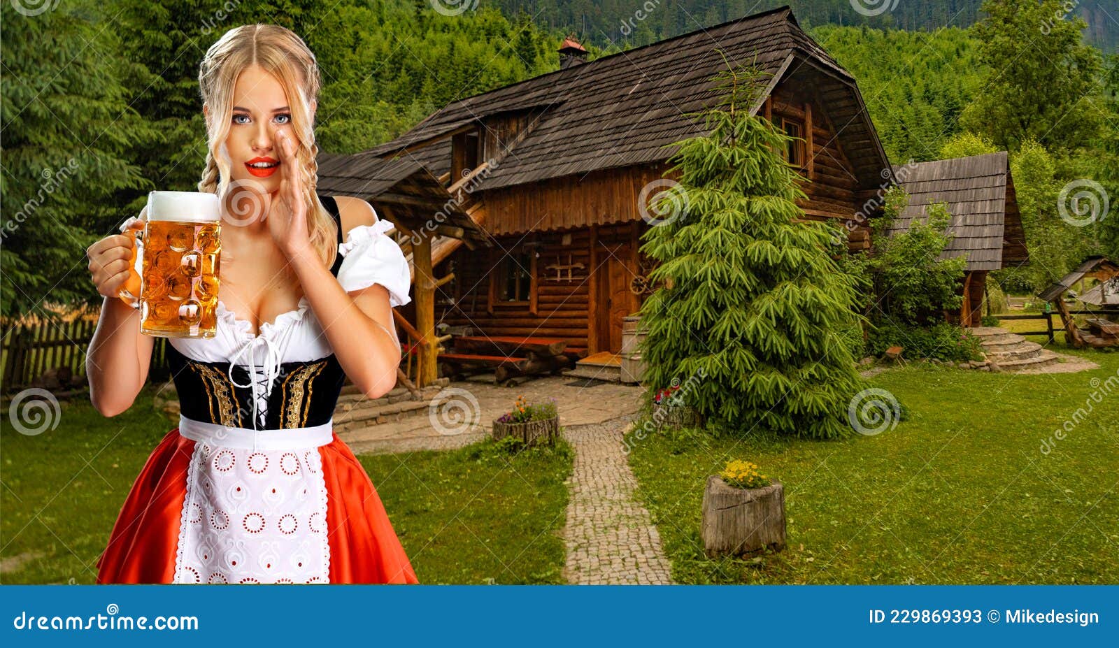 Oktoberfest Girl Waitress With Beer Wearing A Traditional Bavarian Or