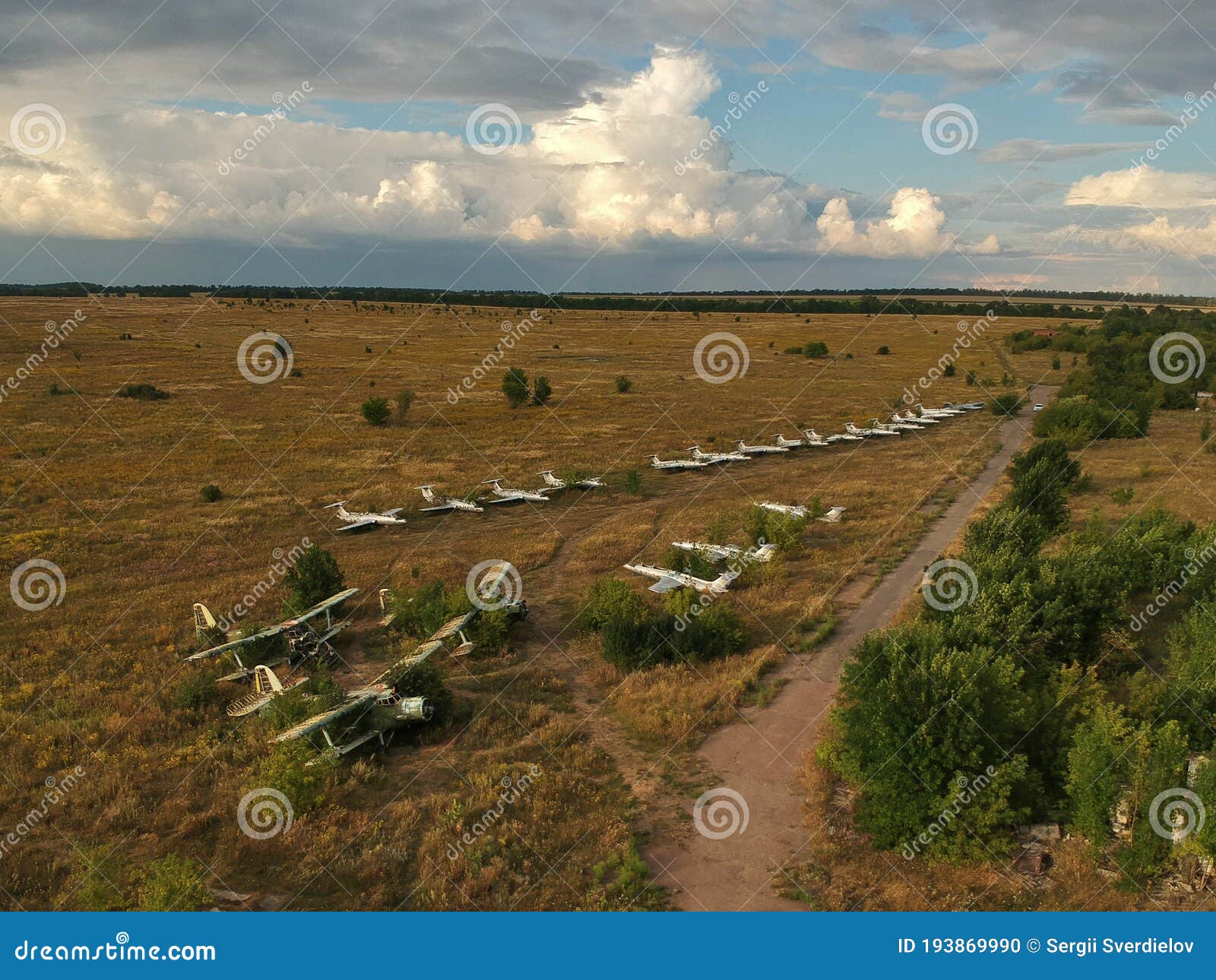 Old Abandoned Airfield with Abandoned Planes. Aerial View Stock Photo ...