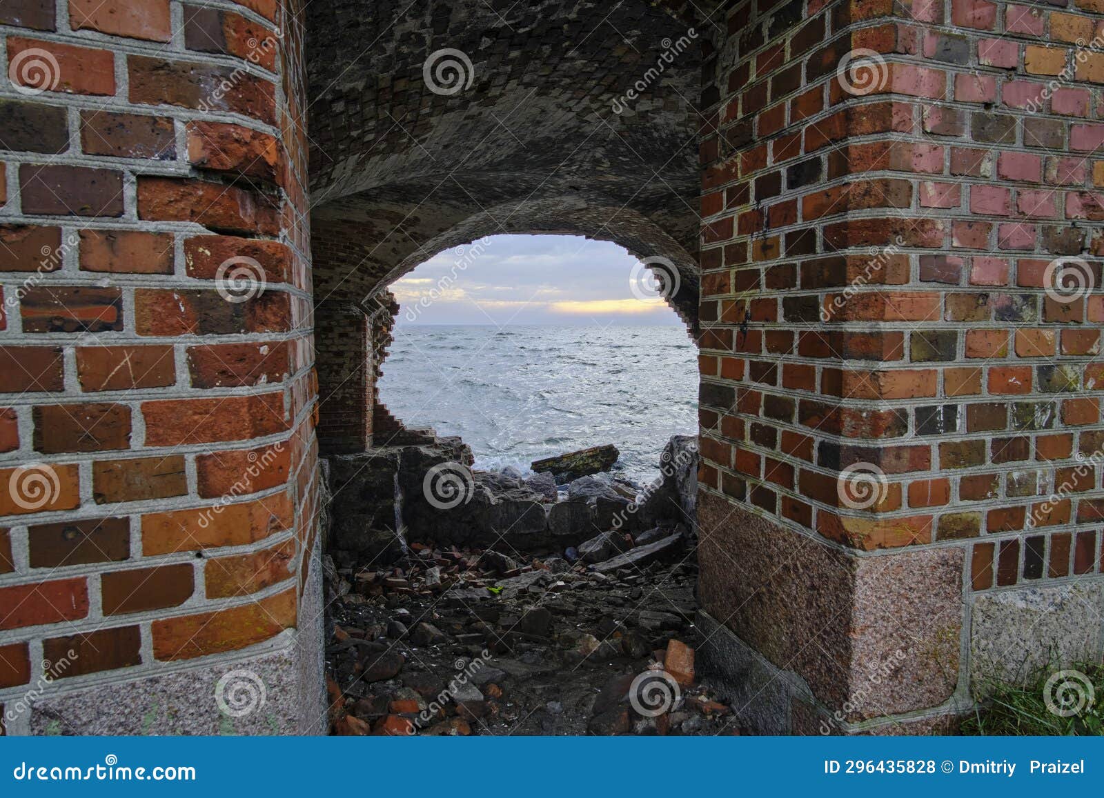 Old Abandoned Brick Military Fort with Broken Wall and View Sea. Stock ...