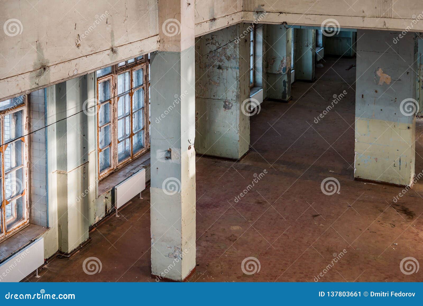 Old Abandoned Building of the Soviet Manufactory. Empty Room with ...