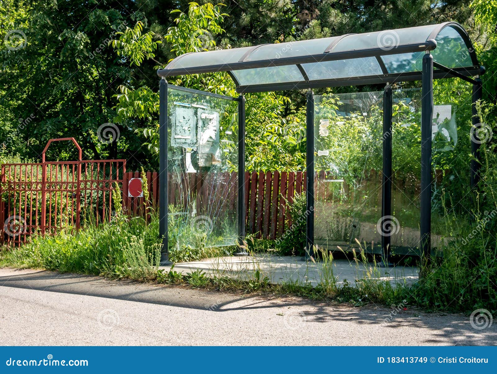 Old Abandoned Bus Stop with Broken Glass Stock Image - Image of blank ...