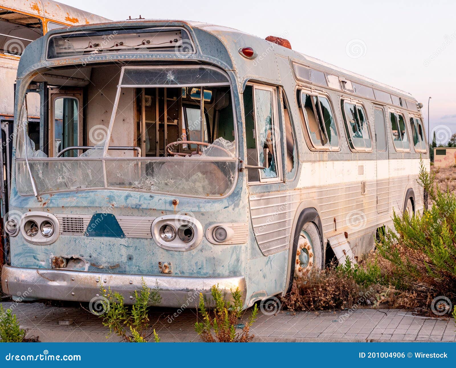 Old Abandoned Empty Retro Bus Stock Photo - Image of wall ...