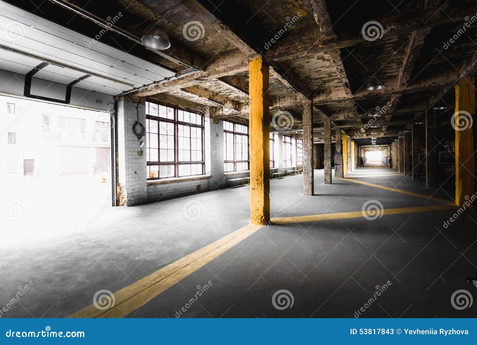 Old Abandoned Factory Hallway with Big Windows Stock Image - Image of ...