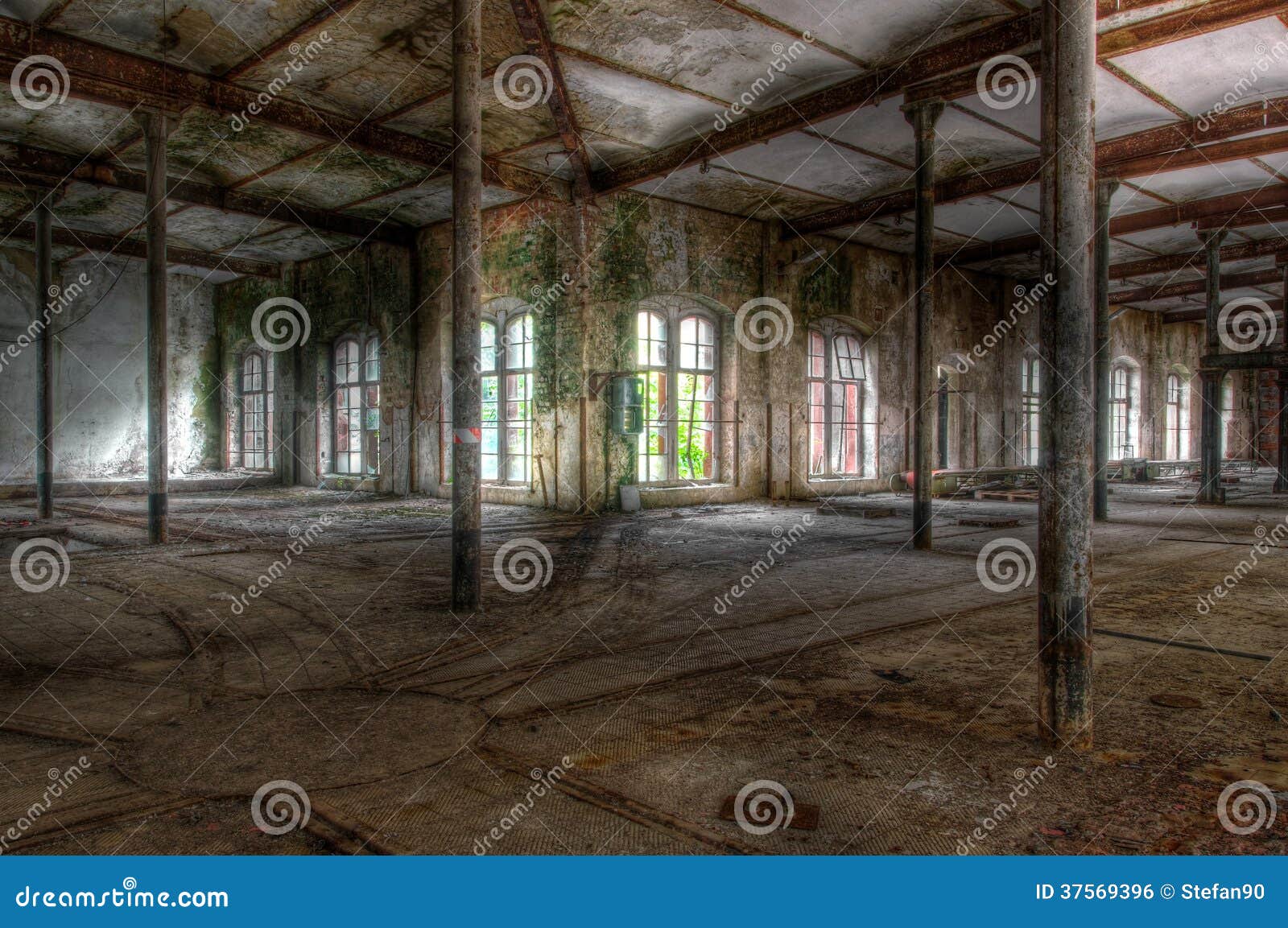 Old Abandoned Hall with Rails Stock Photo - Image of architecture ...