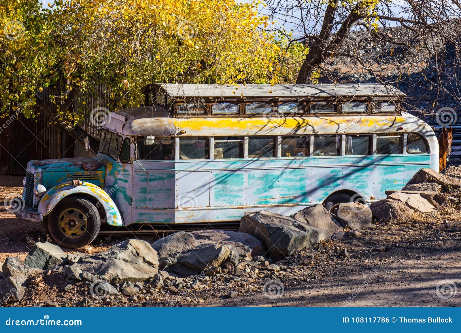 Old Abandoned Converted School Bus in Salvage Yard Stock Photo - Image ...