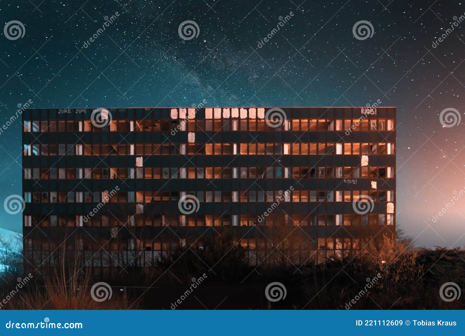 An Old Abandoned Office Building at Night Stock Image - Image of ...