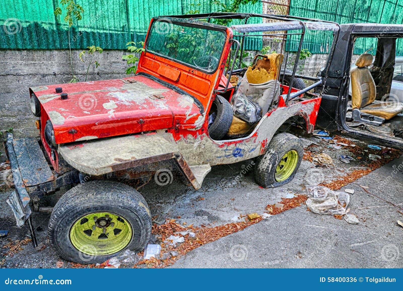 Old Abandoned Rusty Red Colored Jeep on a Junk Yard Edited in Hdr Stock ...
