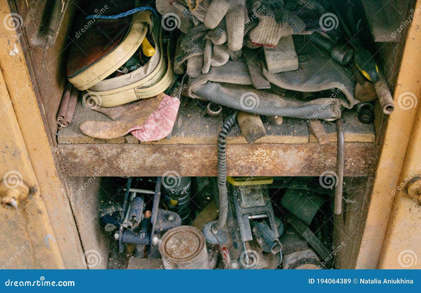 Abandoned Trash from Tools Lies on the Shelf of a Rusty Workbench Stock ...