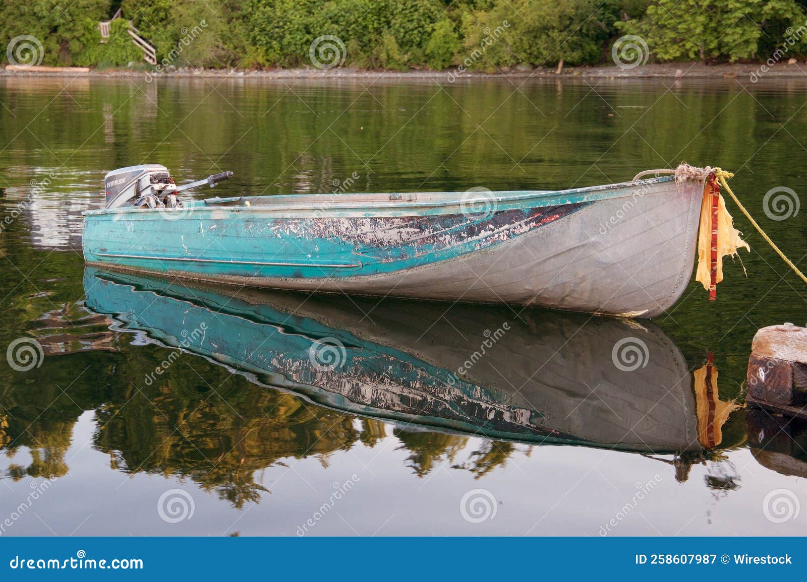 Old Aluminium Boat and Its Reflection in the Water Stock Image - Image ...