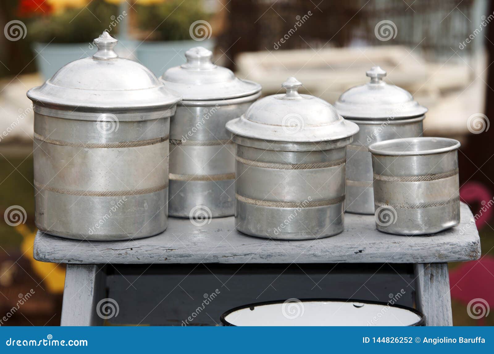 Old Aluminum Jars on a Wooden Stool Stock Photo - Image of storage ...
