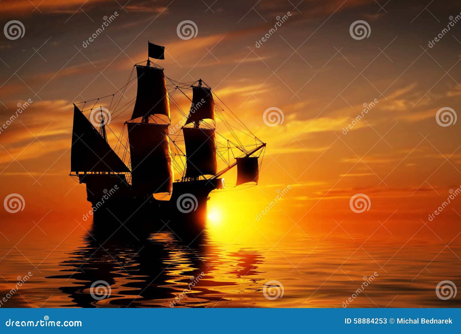 Old Ancient Pirate Ship on Peaceful Ocean at Sunset. Stock Illustration ...