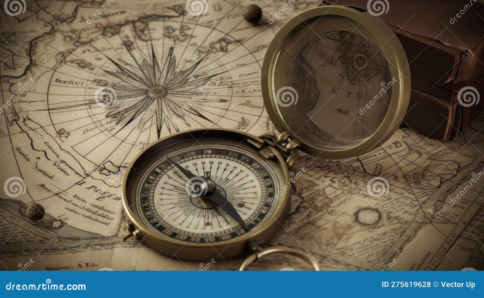 Old Antique Compass on a Paper Map. Generative AI Stock Illustration ...