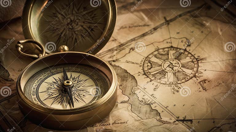 Old Antique Compass on a Paper Map. Generative AI Stock Illustration ...
