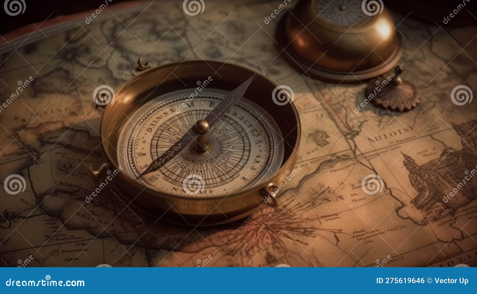 Old Antique Compass on a Paper Map. Generative AI Stock Illustration ...