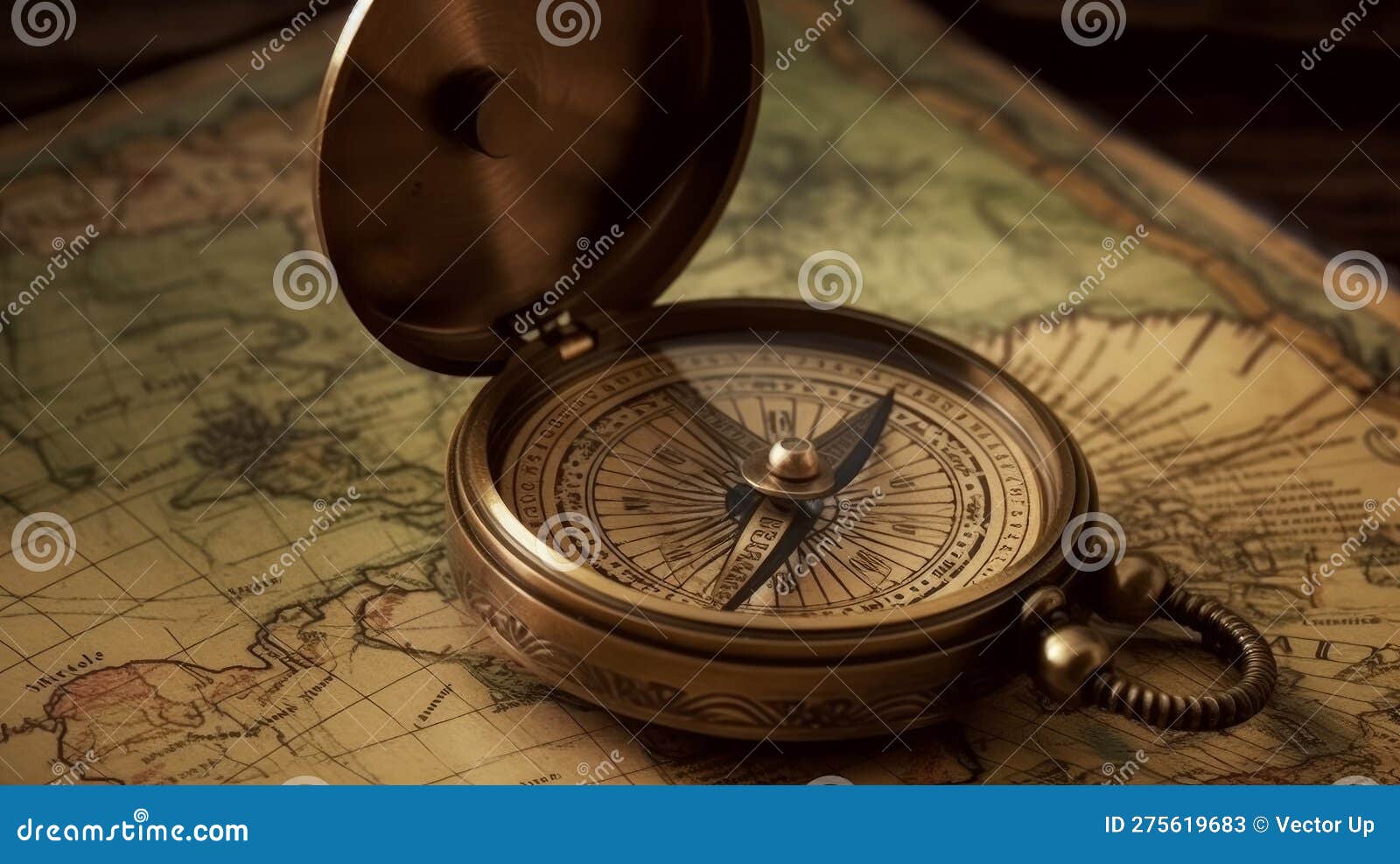 Old Antique Compass on a Paper Map. Generative AI Stock Illustration ...
