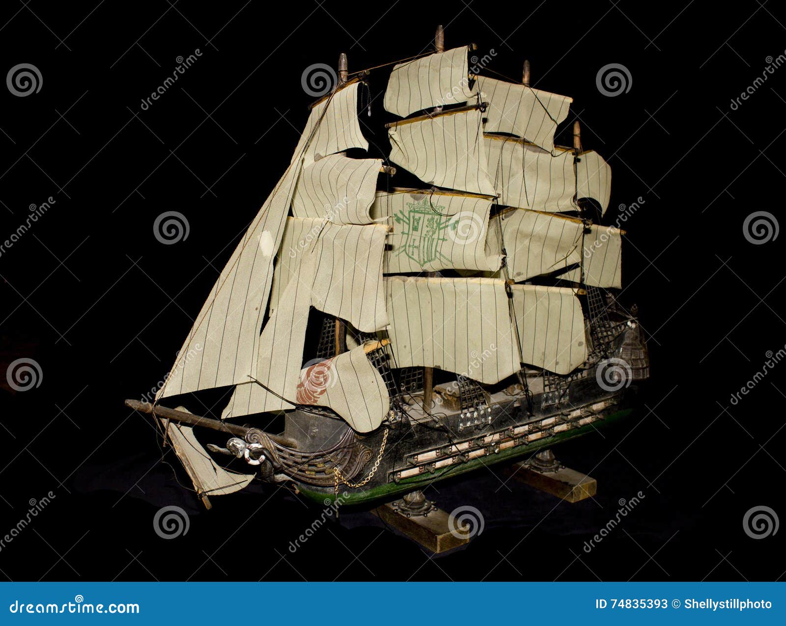 Old Antique Model Ship on Black Background Stock Image - Image of mast ...