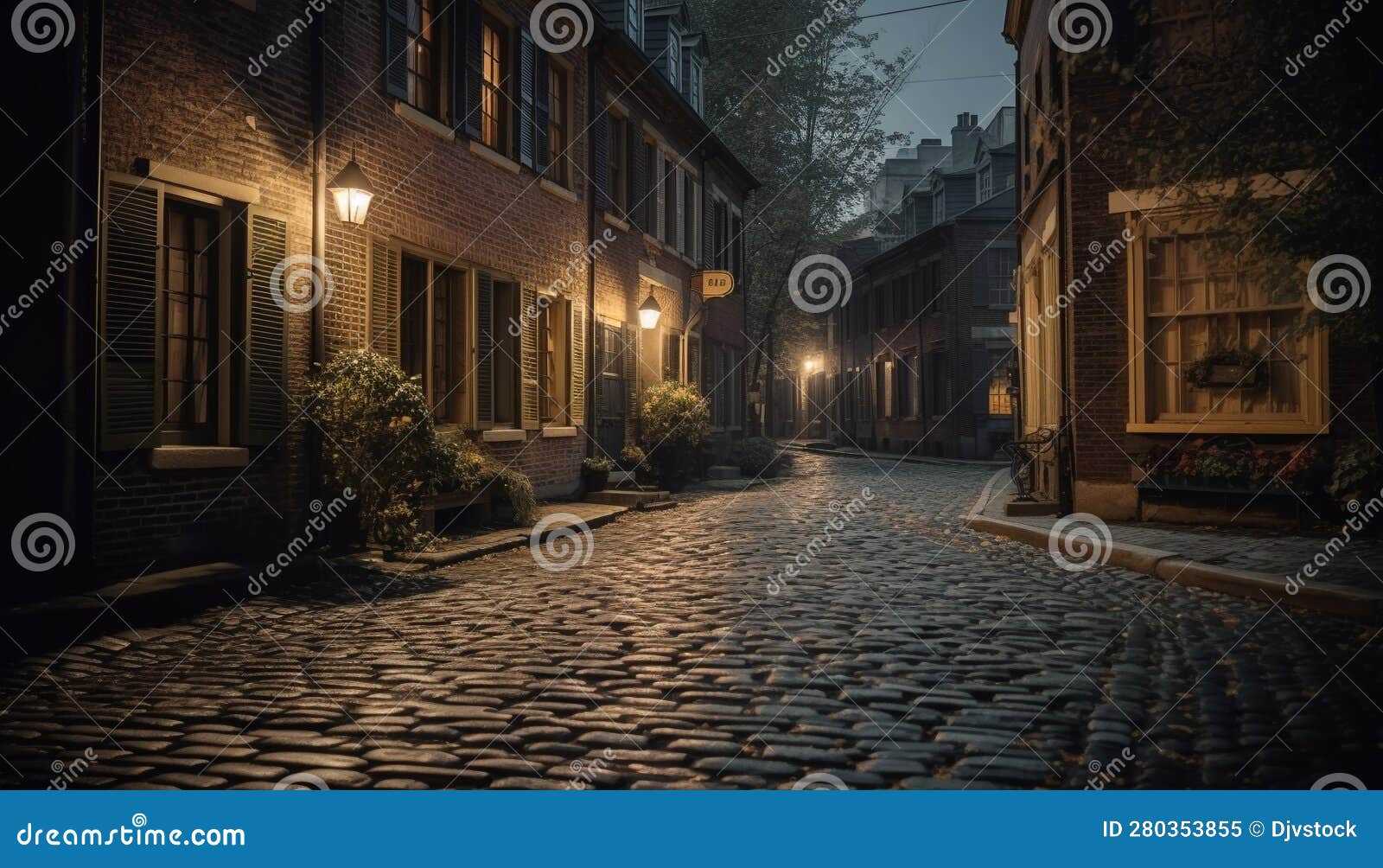 Old Architecture Illuminated By Street Lights On Wet Cobblestone