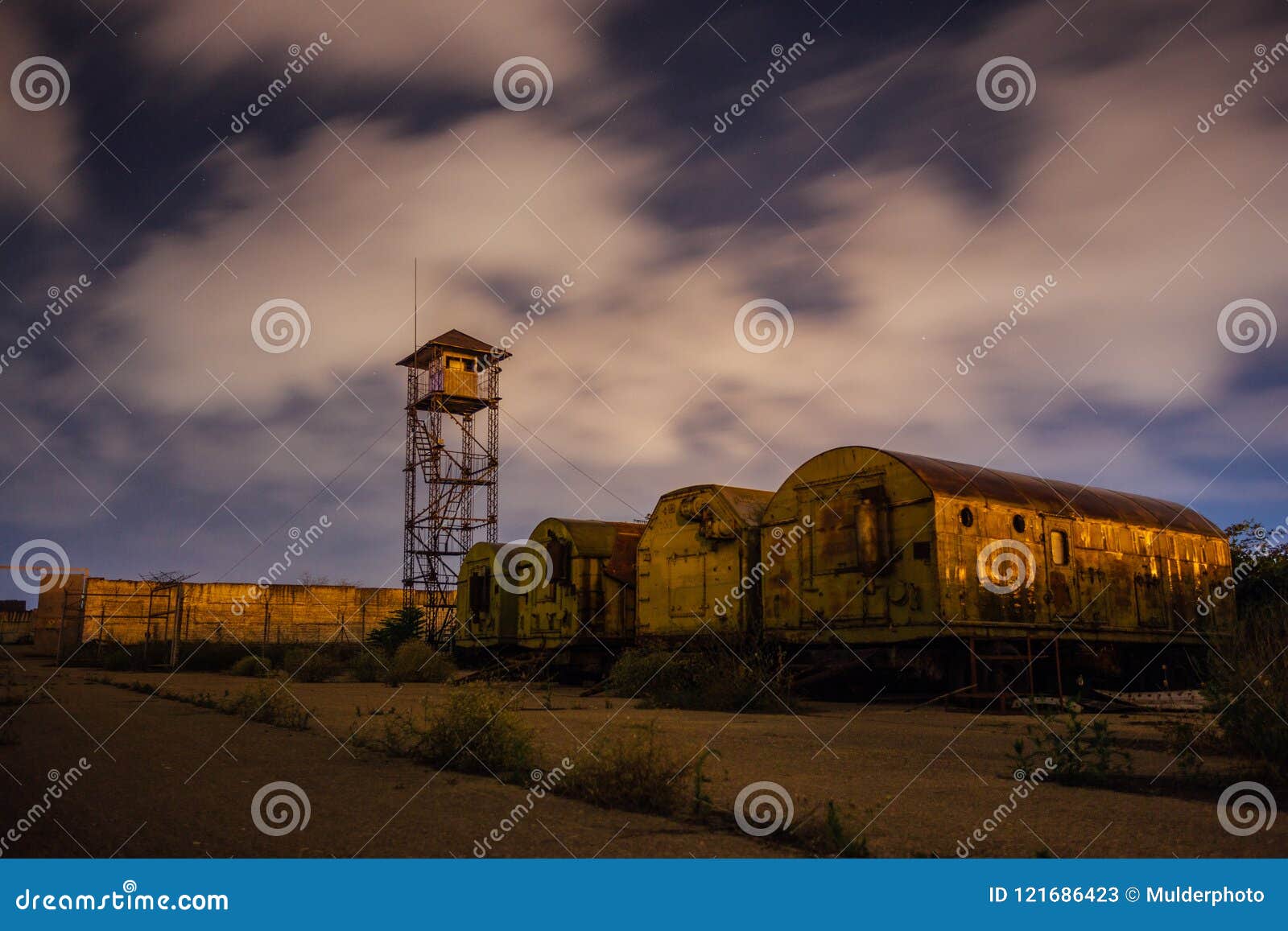 Old Army Watchtower in Abandoned Military Base at Night Stock Image ...